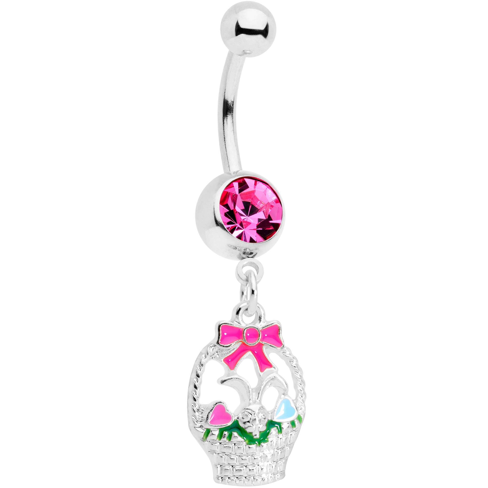 Body Candy Womens 14G Steel Navel Ring Piercing Pink Accent Basket Bunny Dangle Belly Button Ring