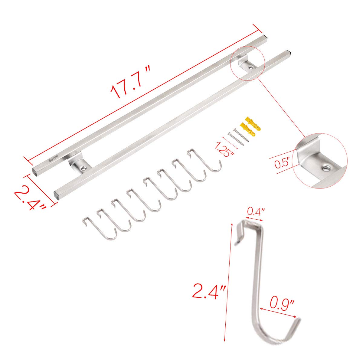 Borju 18 Inch Stainless Steel Magnetic Knife Strip, with 8 Removable Square Hooks, Multi-Use as Knife Holder, Utensil Rack, Cookware Rack, Cutting Board Rack, Space Saving Organizer for Kitchen
