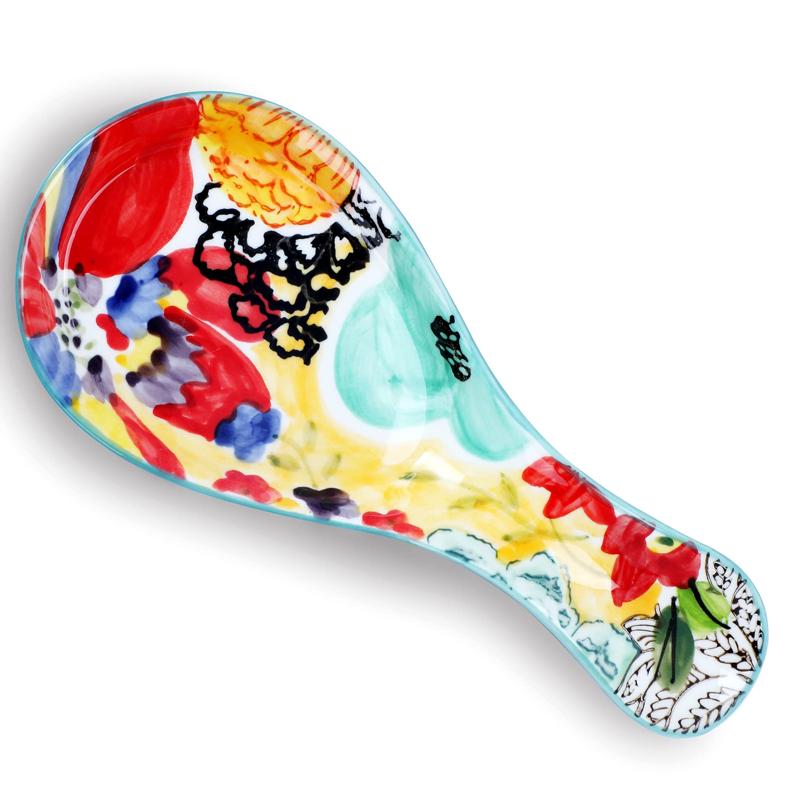 Colorful Hand Painted Spoon Rest - Ceramic Large Spoon Holder for Kitchen Counter Stove Top, Dishwasher Safe, Multicolor (1 Pack)