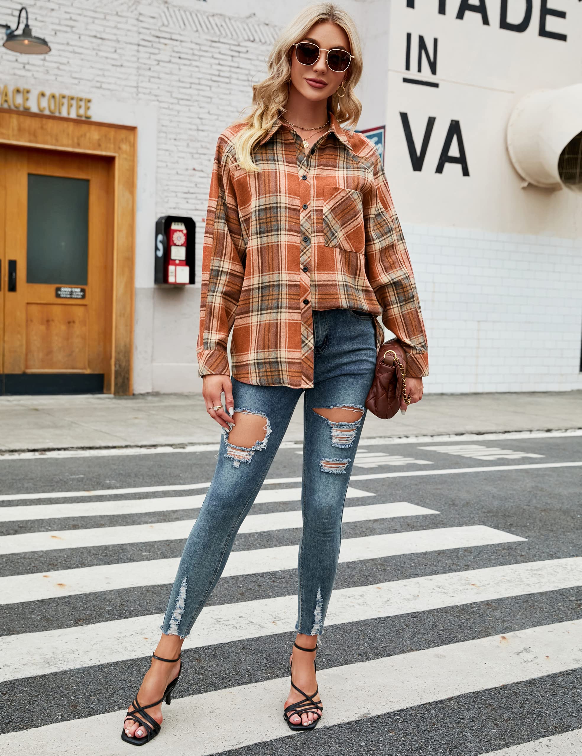 Blooming Jelly Womens Long Sleeve Shirts Flannel Plaid Tops 2023 Button Down Casual Fall Outfits Shacket(Medium, Orange Plaid)