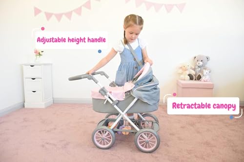 KOOKAMUNGA KIDS Baby Doll Stroller - Foldable Baby Stroller for Dolls - Play Stroller & Bassinet w/Retractable Canopy - Diaper Bag - Adjustable Soft Grip Handle - Ideal for 16” 18” & 20” Dolls