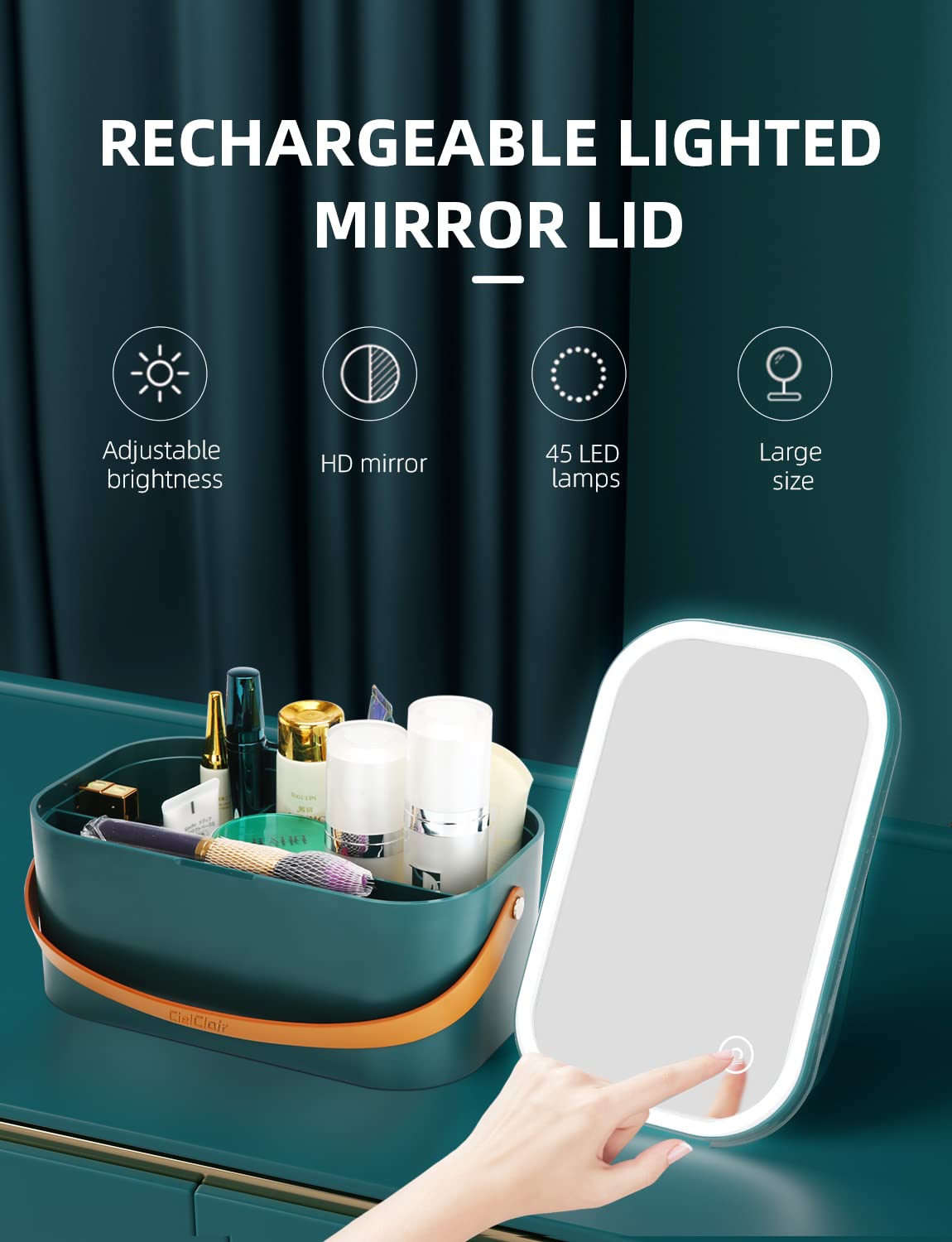 CielClair Makeup Case with Mirror and Light, Portable Makeup Organizer with Adjustable LED Lights & Mirror Lid, Cosmetic Organizer Storage with Handle for Bedroom Camping Travel, Dark Green