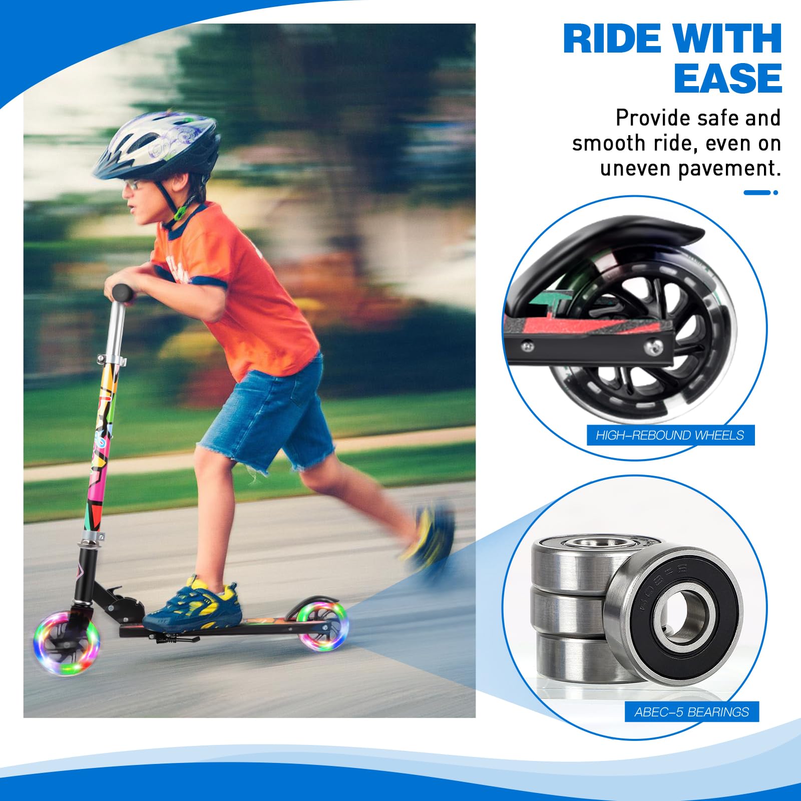 Beleev V1 Scooters for Kids 2 Wheel Folding Kick Scooter for Girls Boys, 3 Adjustable Height, Light Up Wheels, Kickstand for Children 3 to 12 Years Old