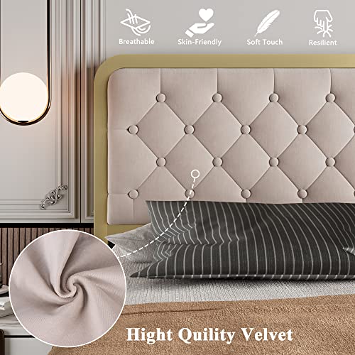 Feonase Full Size Platform Bed Frame with Heavy-Duty Steel Slats, Velvet Upholstered Headboard, 12" Storage Space, No Box Spring Required, Noise Free, Easy Assembly, Golden and Beige