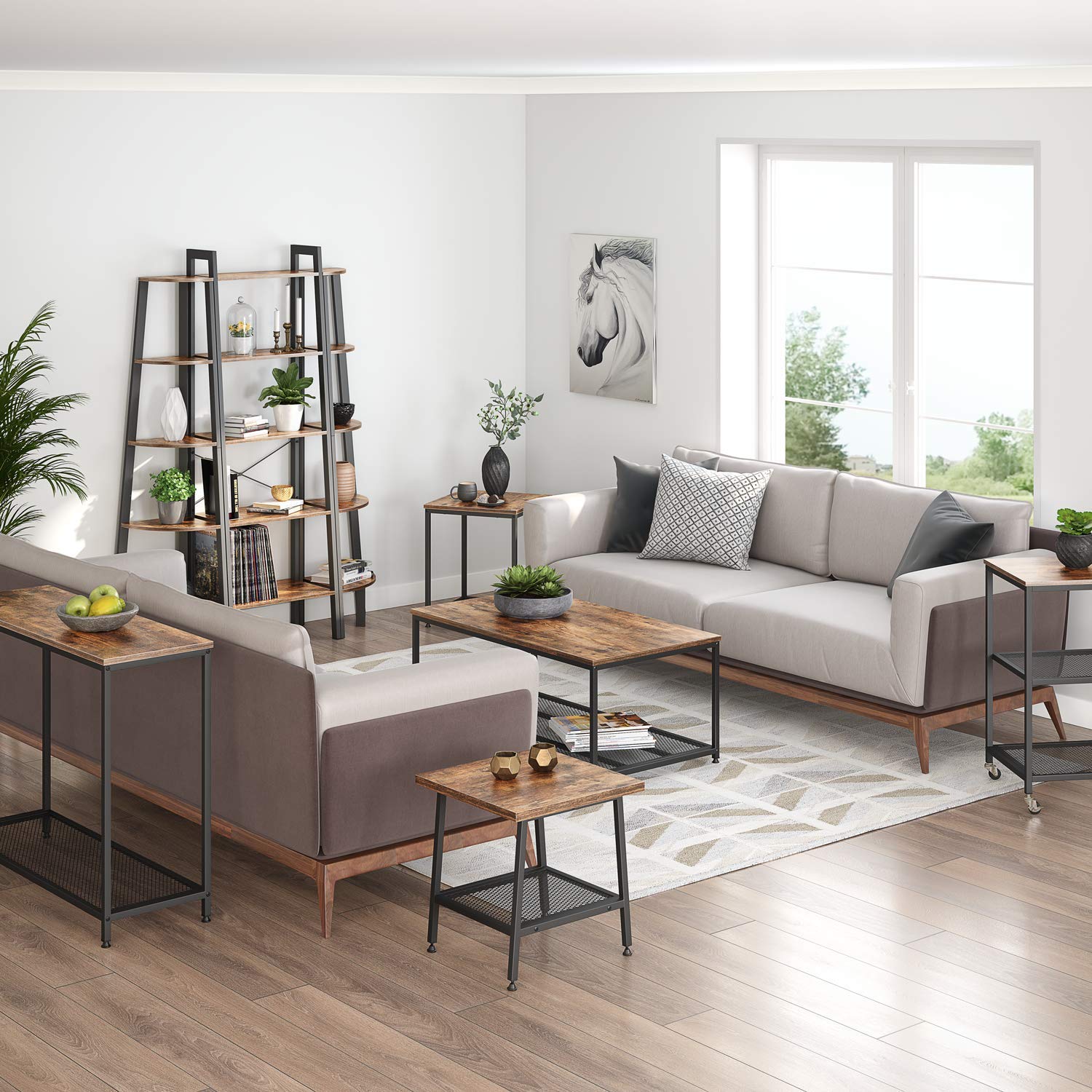 Ballucci Modern Coffee Table with Storage Shelf, Large 2-Tier 41.75" Living Room Center Table with Metal Frame and Wood Accent Furniture - Rustic Brown