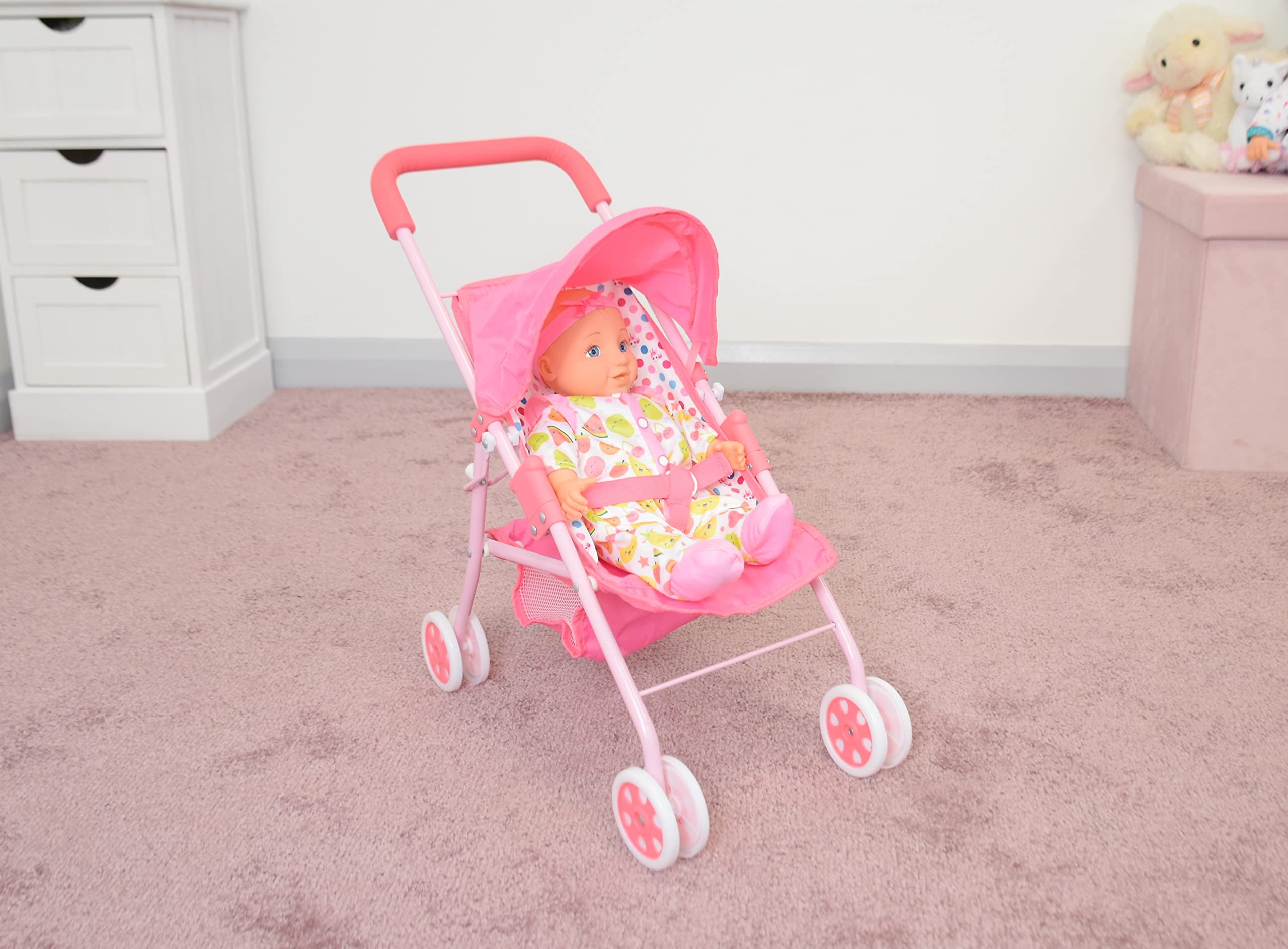 KOOKAMUNGA KIDS Baby Doll Stroller | Easy Fold Pram | with Retractable Canopy, Storage Basket, Doll Safety Harness and Comfort Grip Handlebar (Pink Unicorn)
