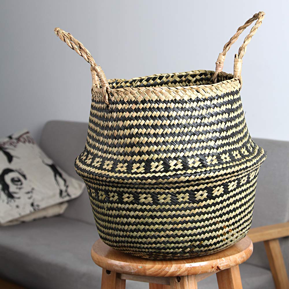 BlueMake Woven Seagrass Belly Basket for Storage Plant Pot Basket,Laundry, Picnic,Decorative Living ,Laundry Room& Bedroom (Medium,Cross Pattern)