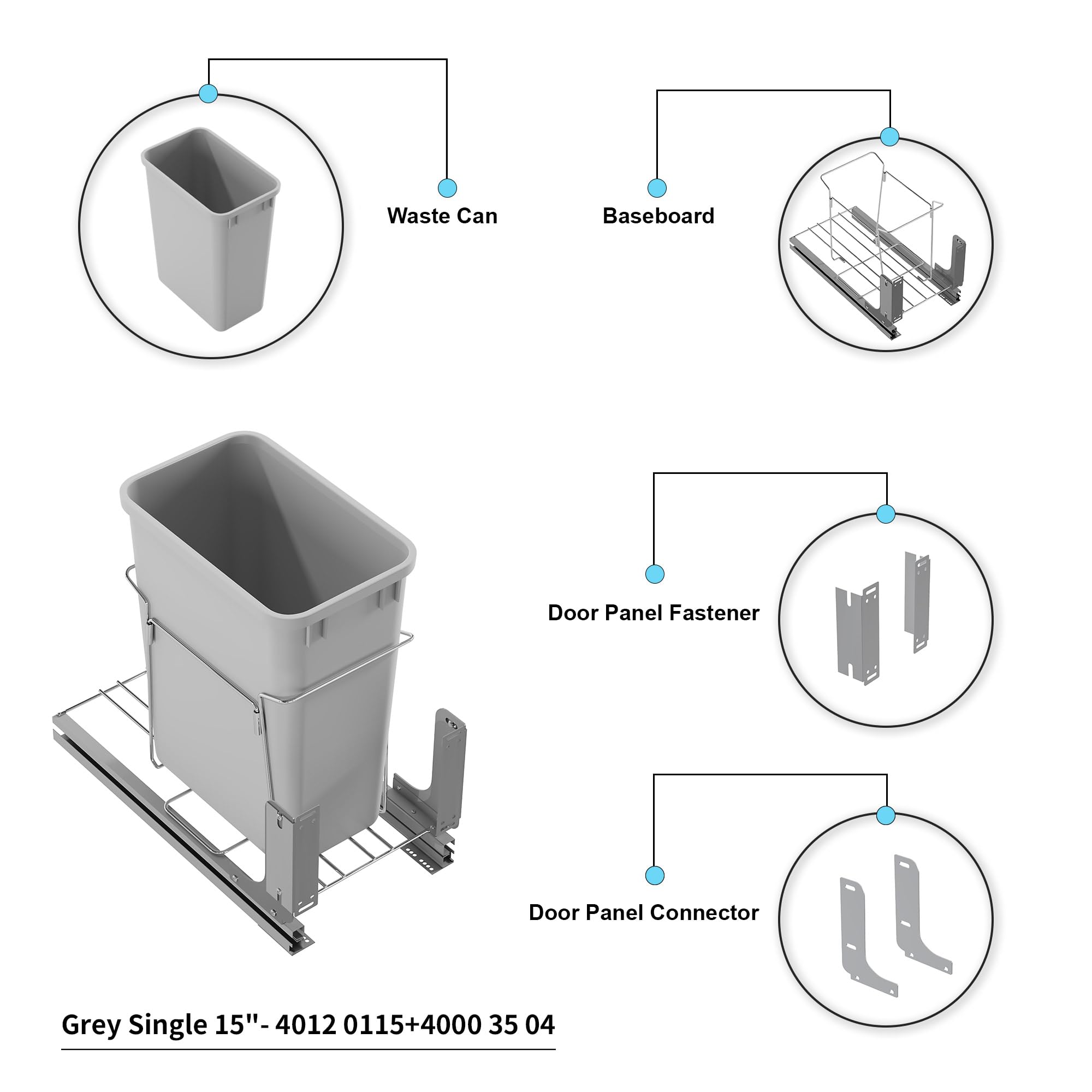 Dowell Alu Bottom Mount Pull- Out Waste Container W/Door Mounting Kit - Single Grey Recycling Bin- for Both 15β Frameless & Face Framed Cabinet -4012 0115 35