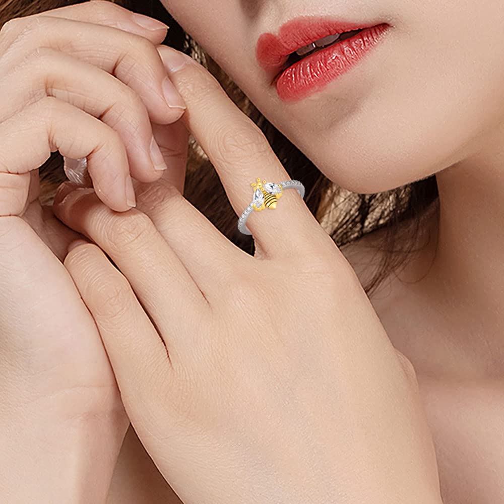 Bee Ring Sterling Silver Bee Band Ring with Crystal Promise Ring Gift for Women Teen Girl (6)