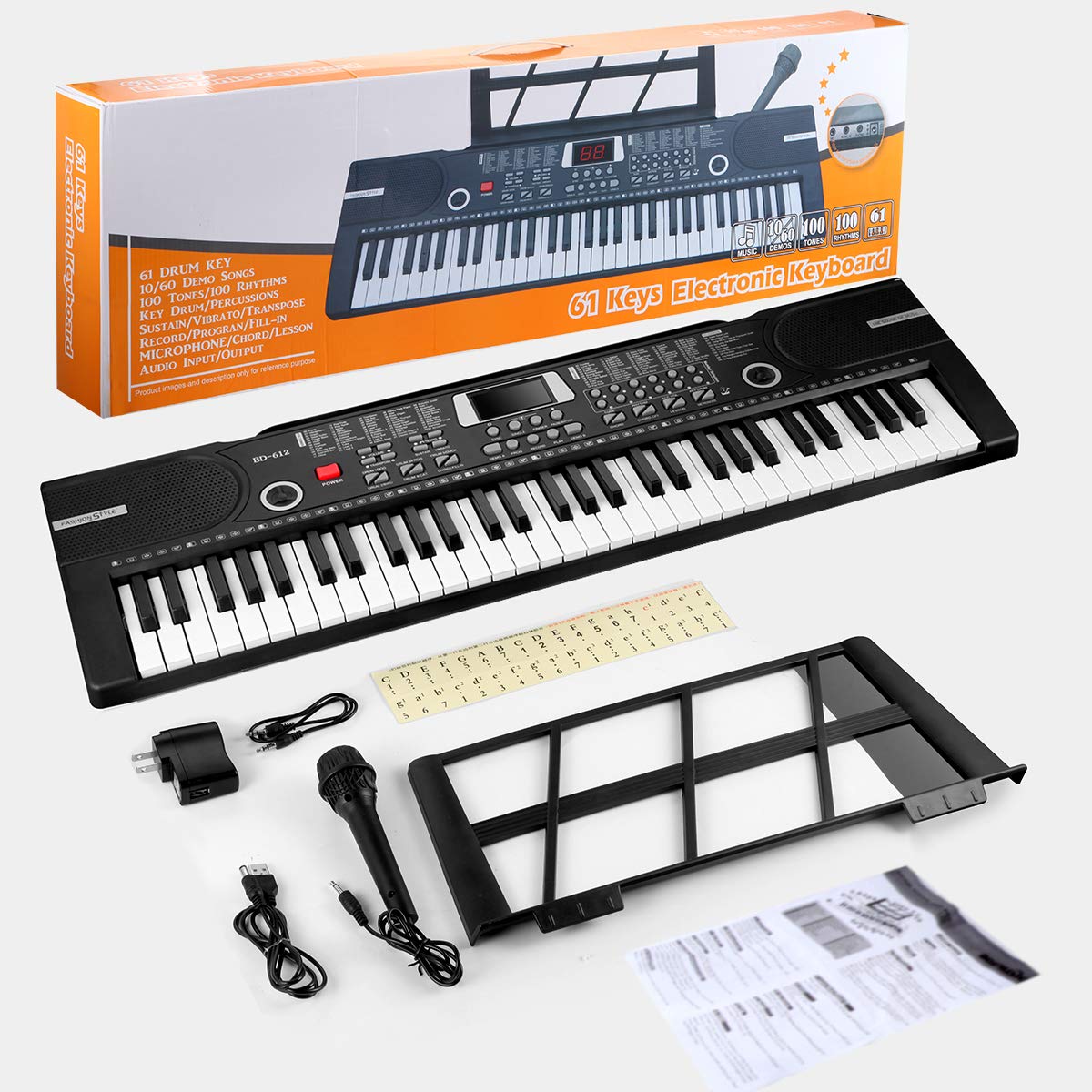 Belens 61 Keys Electronic Digital piano, portable Keyboard piano with built-in speaker and microphone, Sheet Stand and Power Supply,keyboard piano teaching gift for beginners electric