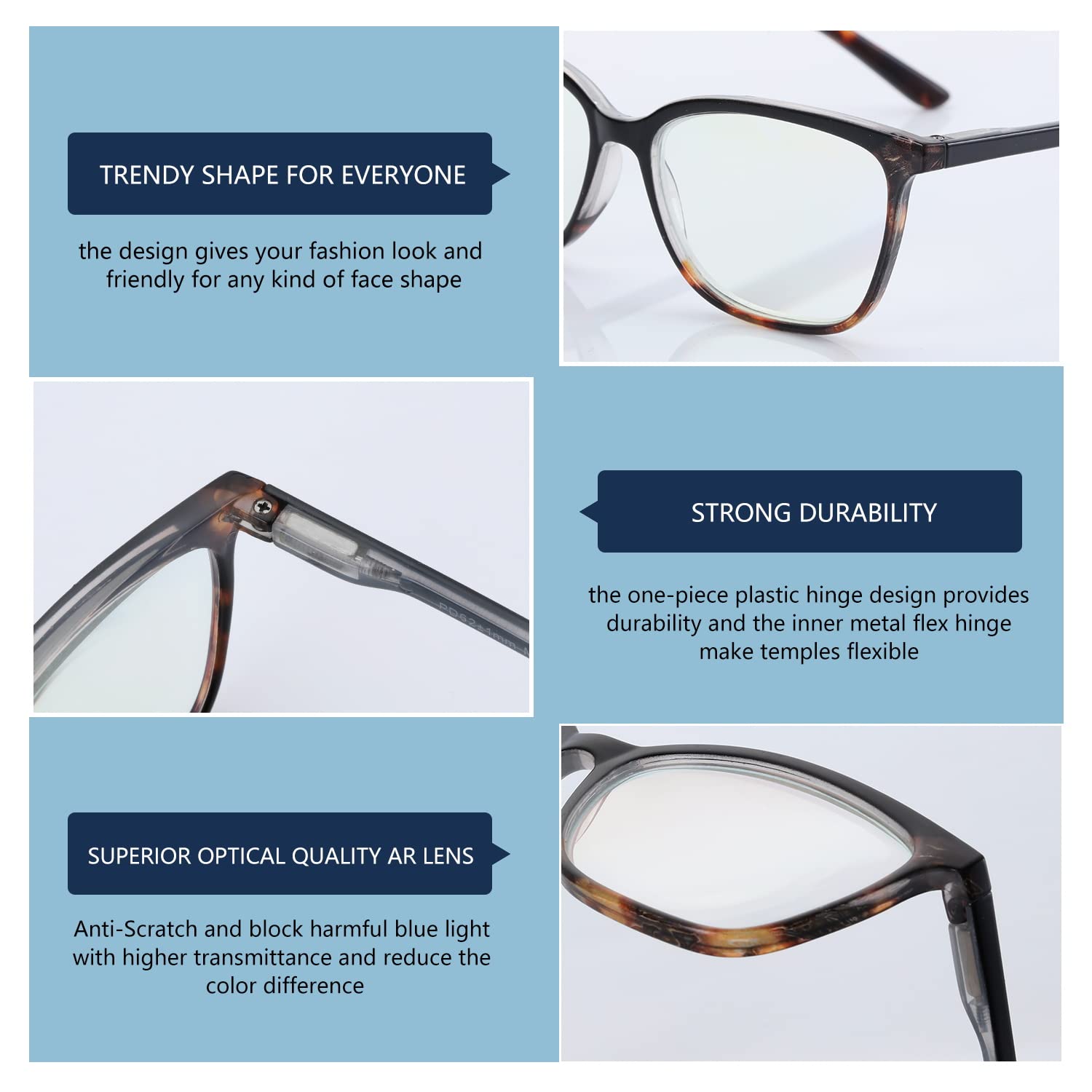 BLUEMOKY Blue Light Reading Glasses for Women 3 Pack Fashion Cat Eye Computer Glasses Bluelight Blocking Reader 1.75