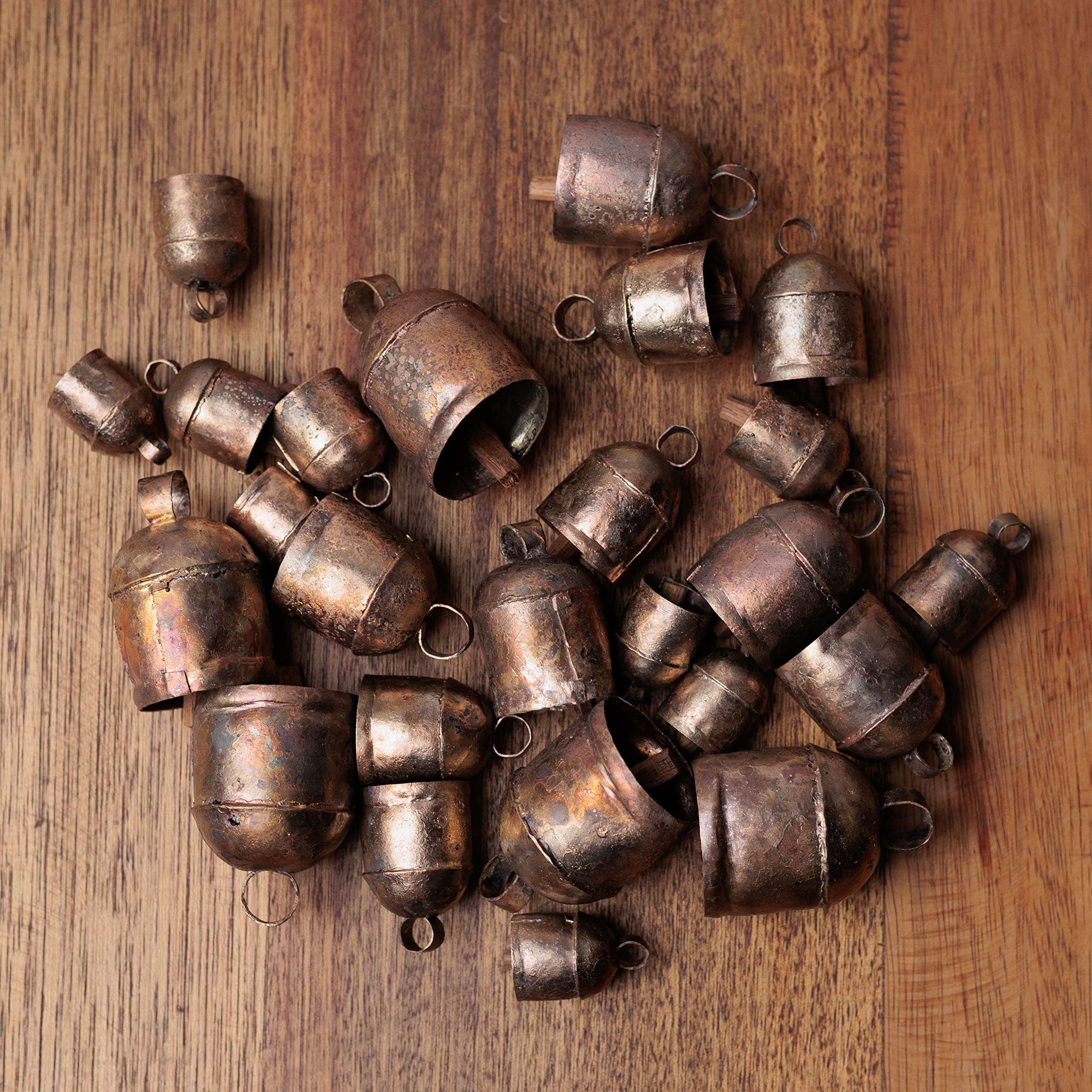 metalart Handmade Vintage Indian Tin Bells Rustic Chime With Wood Striker Tin Cow Bells For Crafts Anniversary Cattle Party Favors Wall Art Orchard Garden Art ( 5 Bells In 1 Set ) (Size -C)
