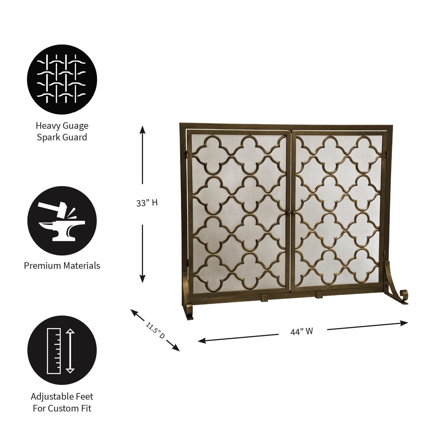 Plow & Hearth Metal Fireplace Screen Geometric Bronze | 44" W x 33" H | 2 - Door | Spark Guard Indoor Grate | Iron Fire Place Cover | Wood Burning Stove Decorative Accessories