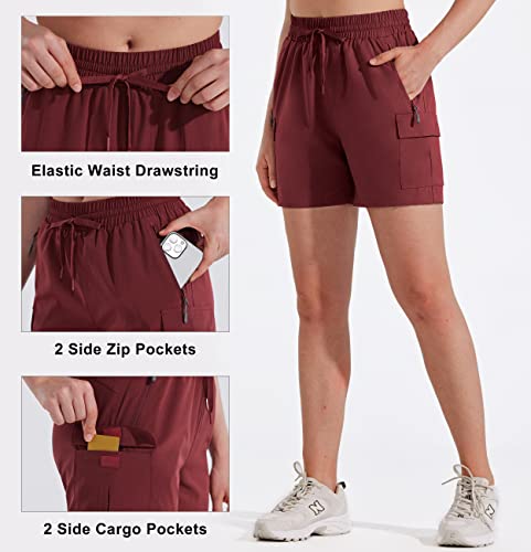 MASKERT Women's Hiking Cargo Shorts Quick Dry Athletic Golf Shorts 5 Inches Lightweight Running Summer Casual Shorts with Pockets, Ruby Wine L