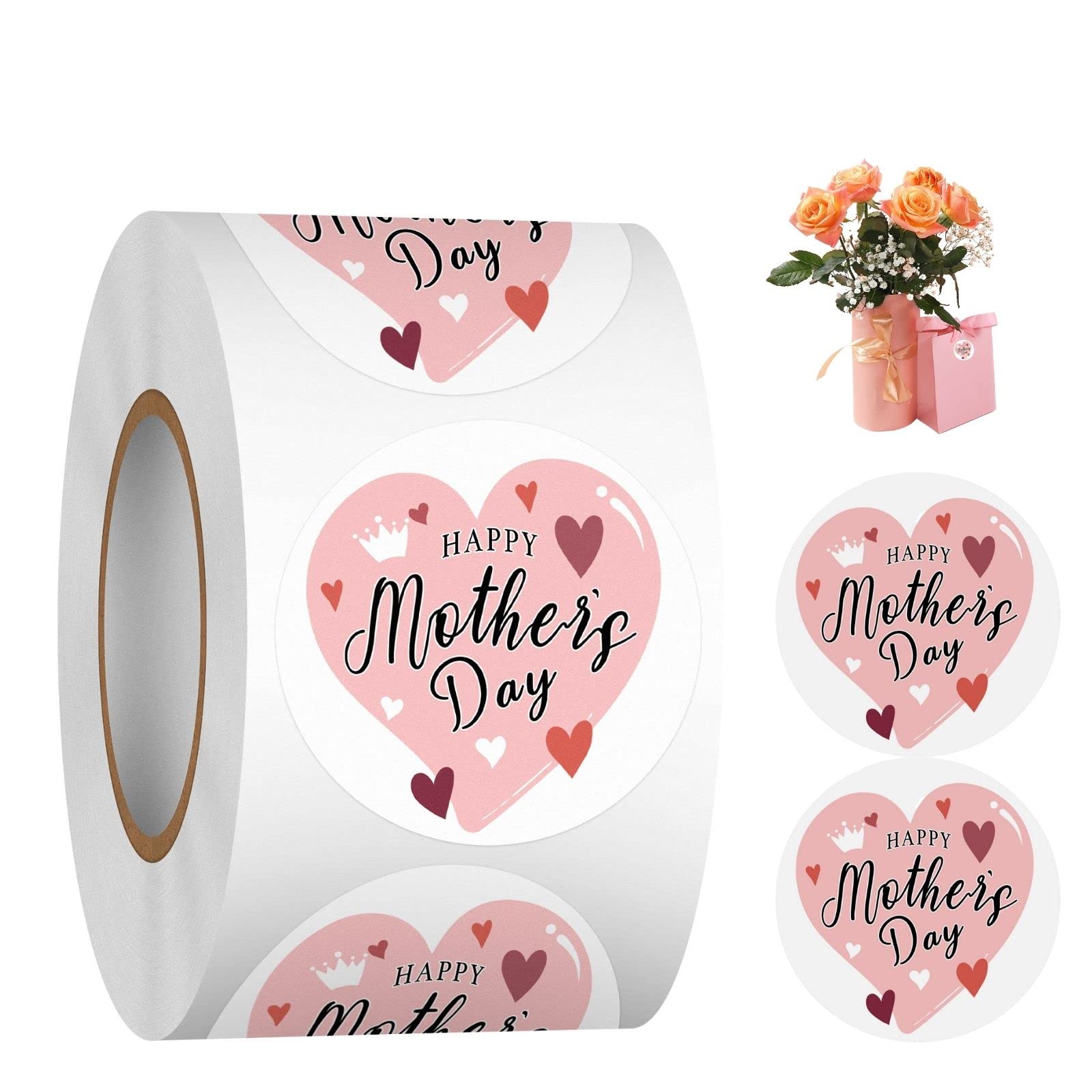 Happy Mother's Day Label Stickers Roll，1.5 inch 500 Pcs Love Heart Mothers Day Stickers, Gift Tag Stickers for Envelope Seals Party Gift Favors Box Cards Decorations