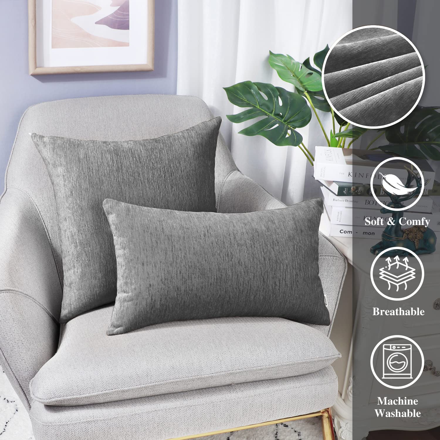 BRAWARM Chenille Throw Pillow Covers 20x20 Inches - Gray Chenille Pillow Covers Pack of 2, Solid Dyed Soft Chenille Pillow Cases for Couch Sofa Bed Home Decoration