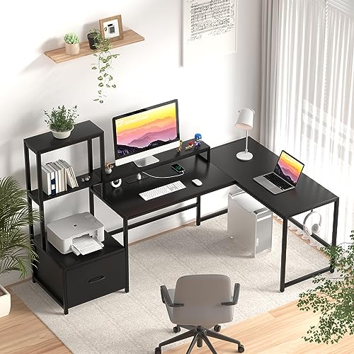 GreenForest 70 in L Shaped Desk with Drawers and Printer Stand and 47 in Computer Desk with USB Charging Port and Power Outlet
