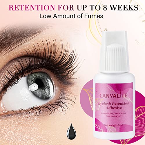 Canvalite Eyelash Glue for Lash Extensions 0.17oz, Extra Strong Lash Glue 0.5 Sec Dry Time, 6-8 Weeks Retention Lash Adhesive Black Latex-Free Eyelash Extension Glue for Professional Salon Use