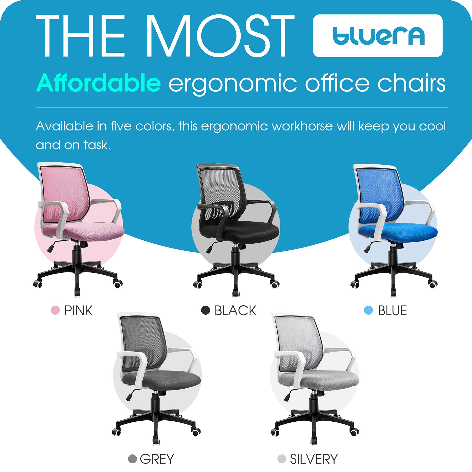 BLUERA Office Chair Ergonomic Desk Chair Mesh Computer Chair Swivel Chair with Back Lumbar Support- Multiple Colors-Pink