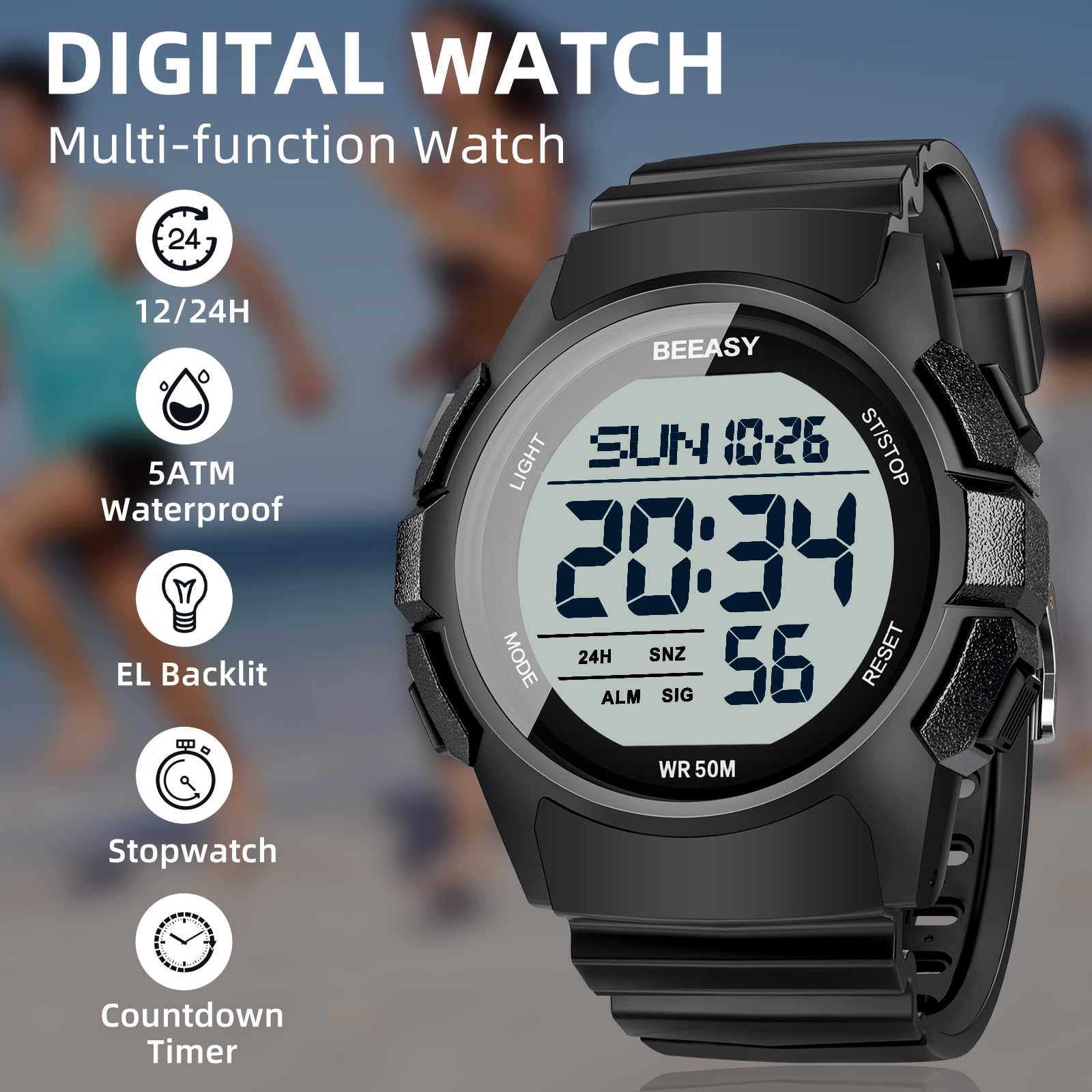 Beeasy Men Digital Sports Watch,Waterproof Watch with Stopwatch Countdown Timer Alarm Function Dual Time Rubber Strap Wrist Watch for Men/Student (05 White)