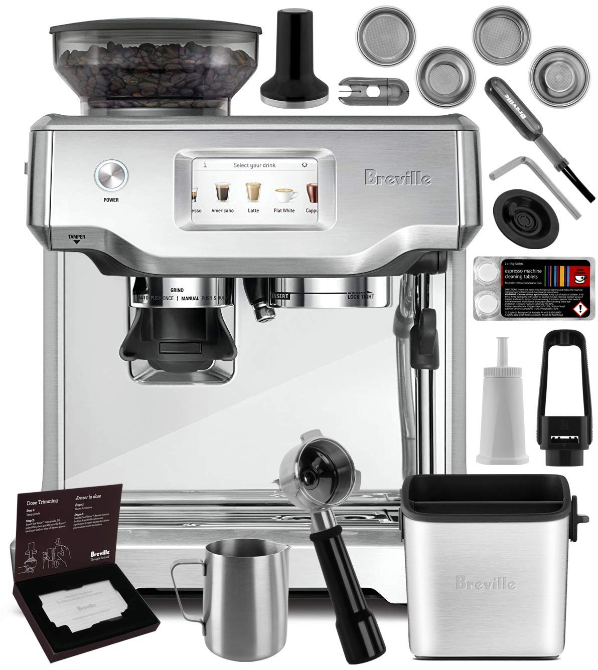 Breville Barista Touch BES880BSS Stainless Steel Espresso Machine w/Touchscreen Controls + Built-In Grinder + Knock Box Mini