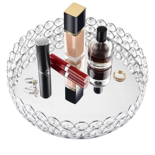 MOVNO Perfume Mirrored Trays for Vanity Makeup Organizer, Crystal Cosmetic Storage for Bedroom Dresser, Round Sliver Glass Decorative Tray for Jewelry, Skin Care Storage for Bathroom Countertop