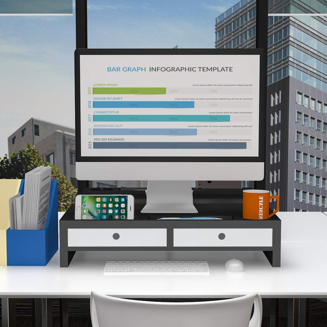 Bambloom Monitor Stand Riser with Drawer - Desk Shelf Organizer Keyboard Storage Black 22" x 10.6" x 4.7"