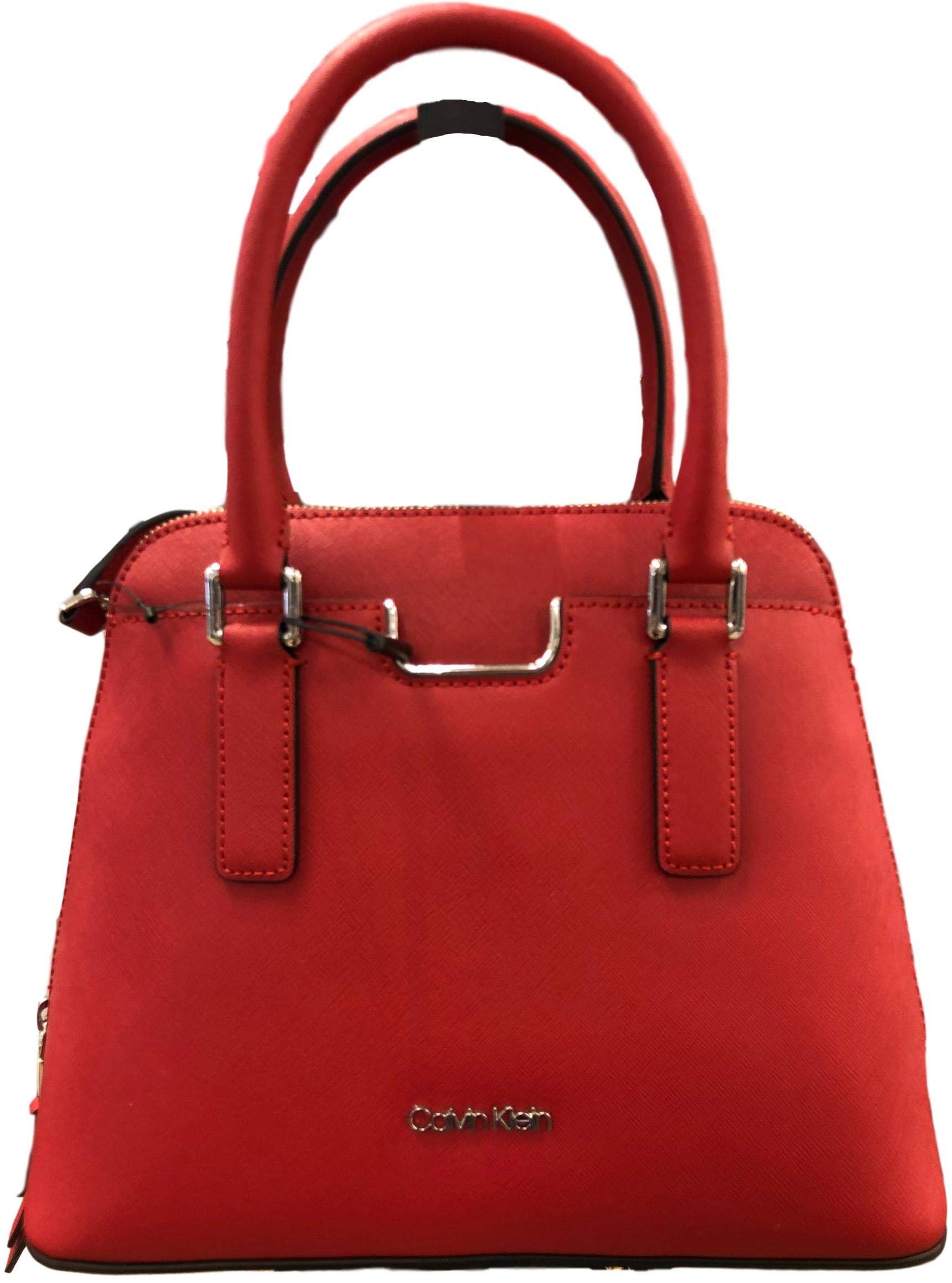 Calvin Klein Women's Saffiano Leather Satchel Metal Trim Pocket, Red