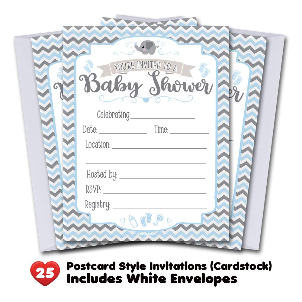 Blue Elephant Baby Shower Invitations with Envelopes 25 Pack | Blue Grey Chevron | Fill in Style | Baby Boy