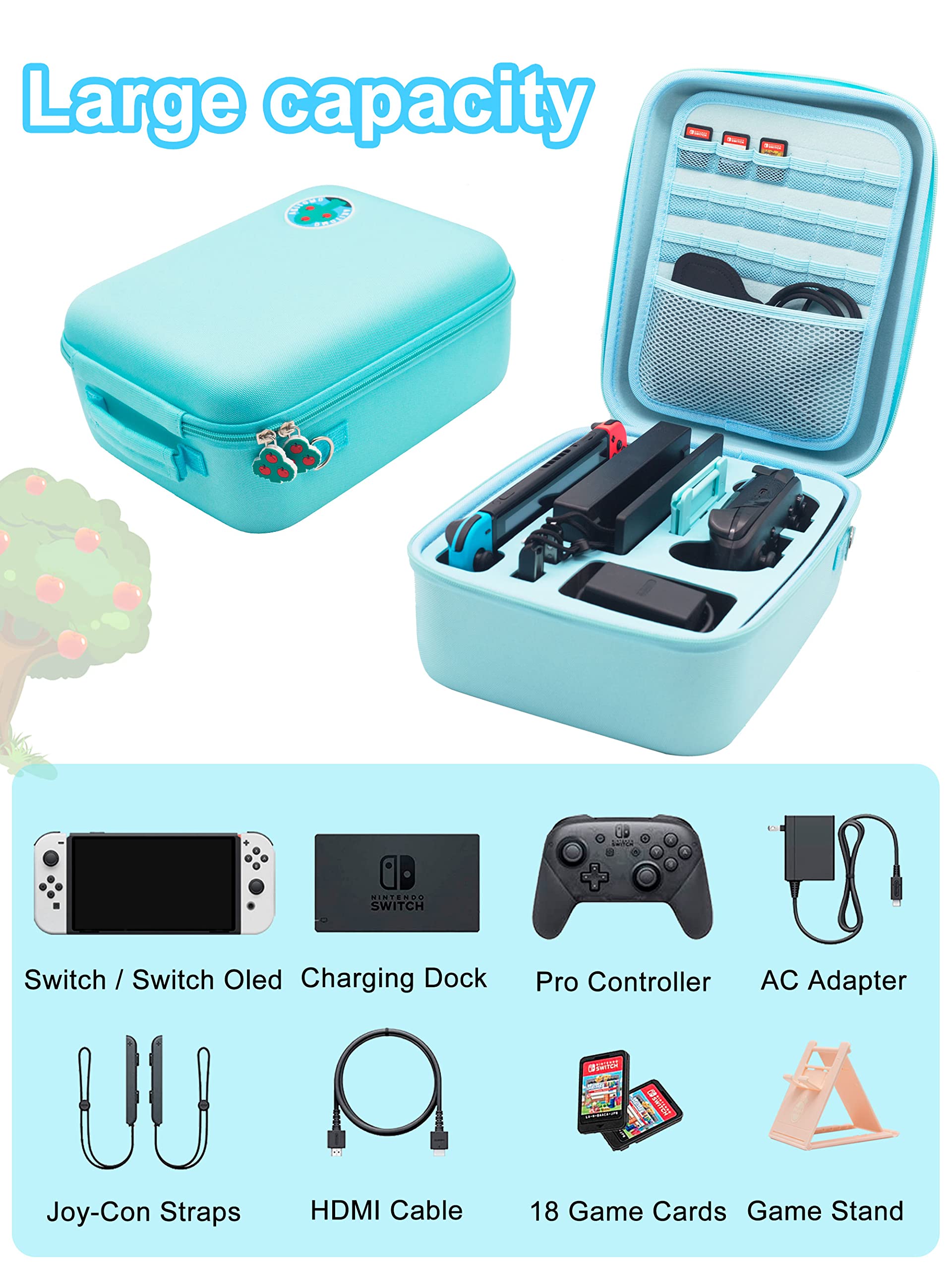 BRHE Cute Travel Carrying Storage Case for Nintendo Switch/Switch OLED Model Large Hard Portable Bundle Console Accessories Kit with Glass Screen Protector and Thumb Caps (Blue)