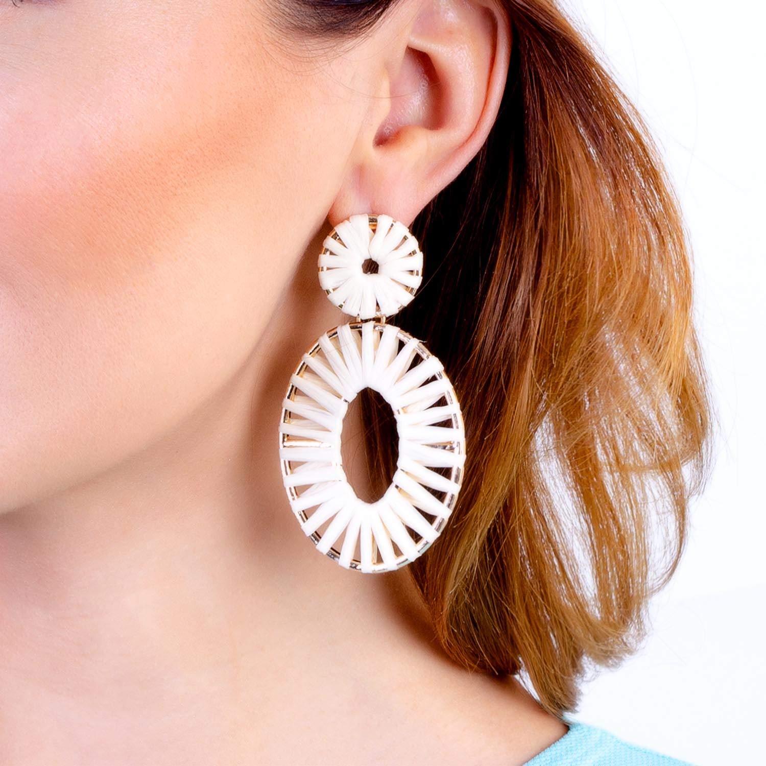 BaubleStar Kiera Raffia Tassel Fringe Rattan Hoop Drop Statement Earrings Hot Pink Tiered Thread Handmade Round Oval Cirle Dangle Fashion Jewelry for Women