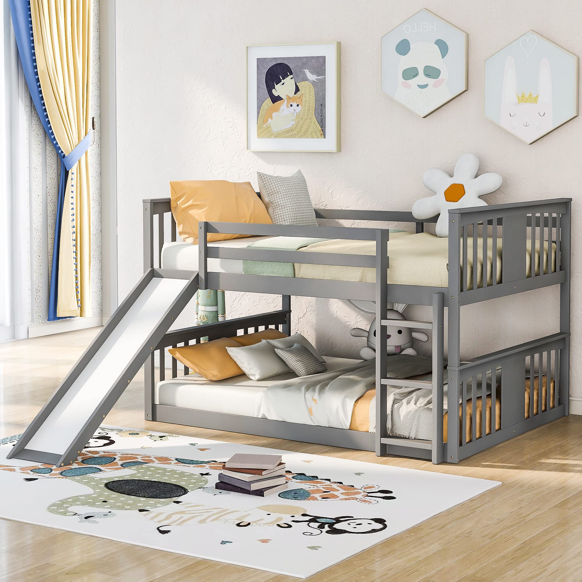 BIADNBZ Full Over Full Low Bunk Bed with Slide and Ladder, Wooden Floor Bunkbeds Frame for Kids Bedroom, Gray