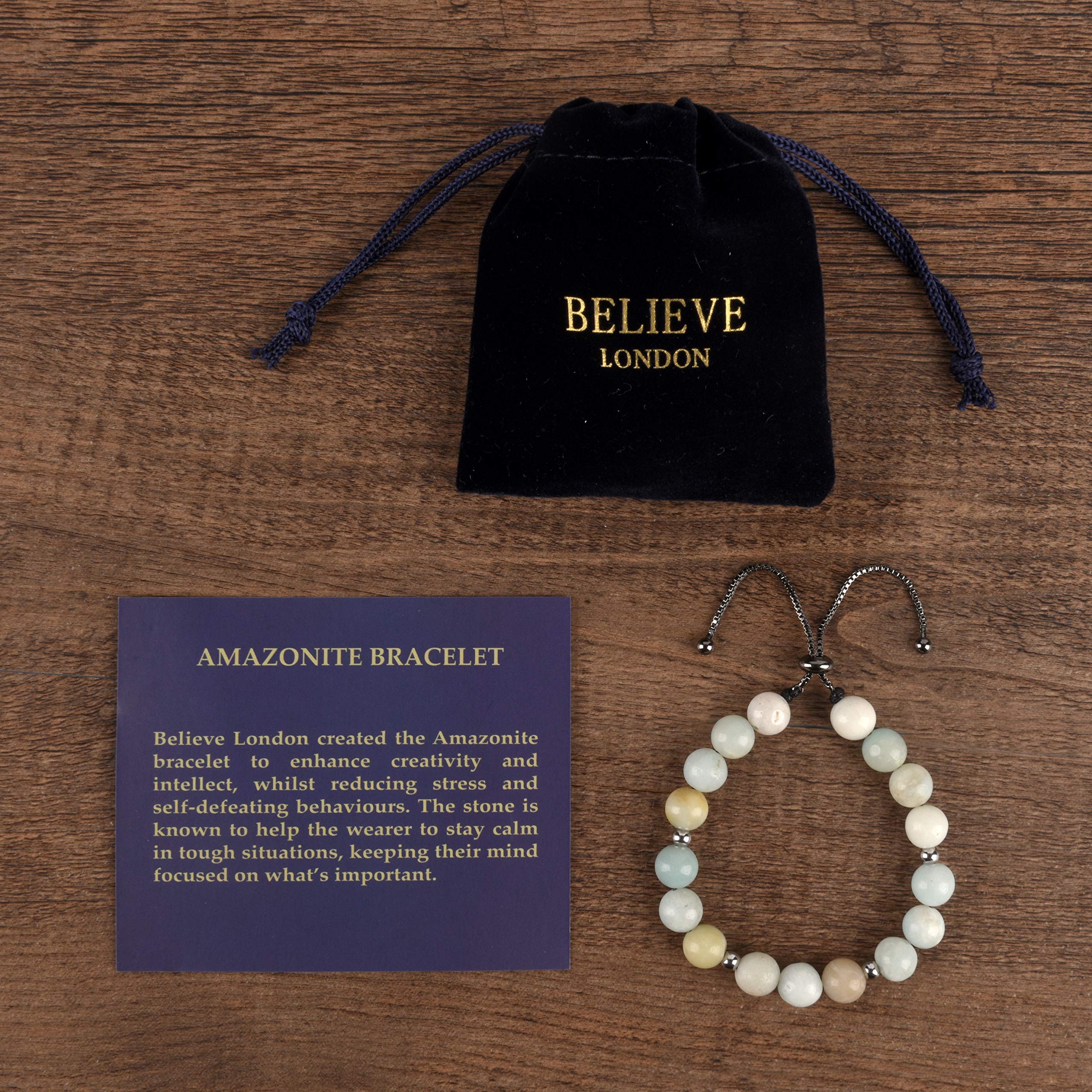 Believe London® Amazonite Stone Bracelet in Gift Box | Strong Elastic | Healing Men Women Luxury Stretch Precious Natural Crystal Stones Healing Gemstone Therapy Yoga Mala Bangle