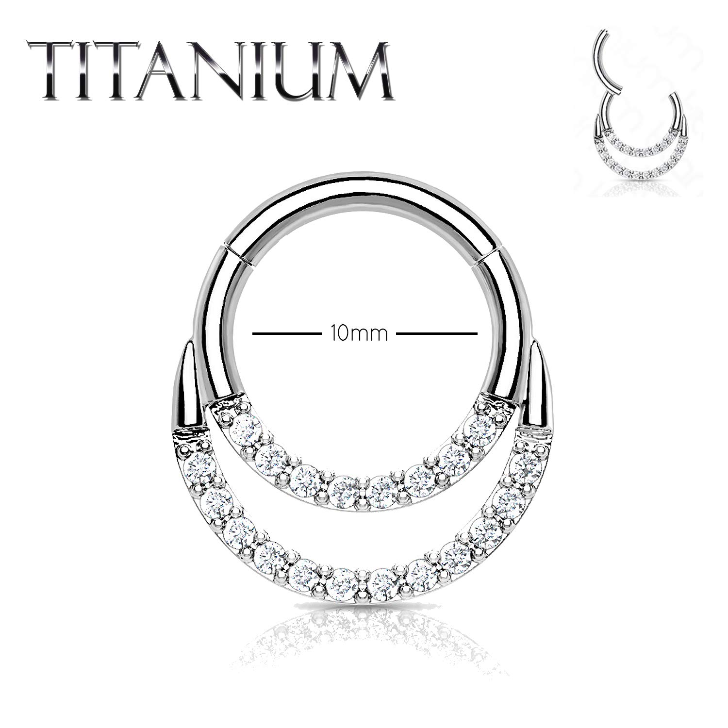 BodyJ4You Piercing Ring 16G Hinged Clicker Hoop Implant Grade Titanium Double Lined Paved CZ Gem Septum Nipple Daith