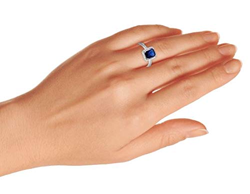 Bling Jewelry 3CT AAA CZ Pave Band Rectangle Solitaire Halo Blue Simulated Sapphire Emerald Cut Engagement Ring For Women .925 Sterling Silver