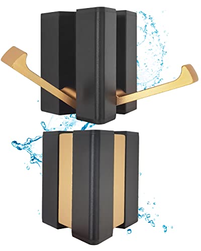 MrsJeggy 2 Pack Waterproof Black Gold Wall Hooks，Foldable Bathroom Hooks for Towels，Bathroom Towel Hooks，Branch Hooks，Adhesive Towel Hooks，Towel Hanger Wall Mounted，Bath Robe Holder for Home，Office