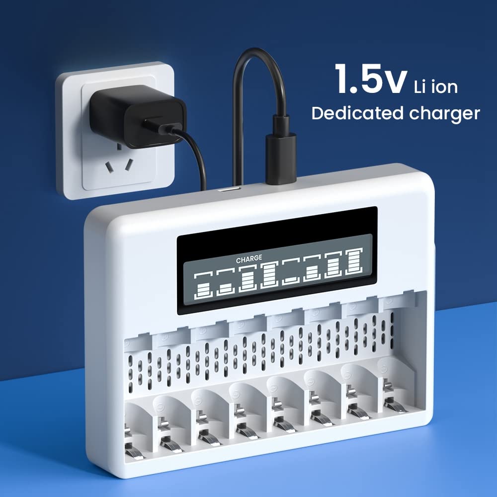CITYORK 1.5V AA AAA Lthium Battery Charger - 8 Bay, LCD Display Quick Independent for 1.5V AAA AA Li-ion Rechargeable Batteries with USB Cable(1.5 V Rechargeable Battery Fast Charger)
