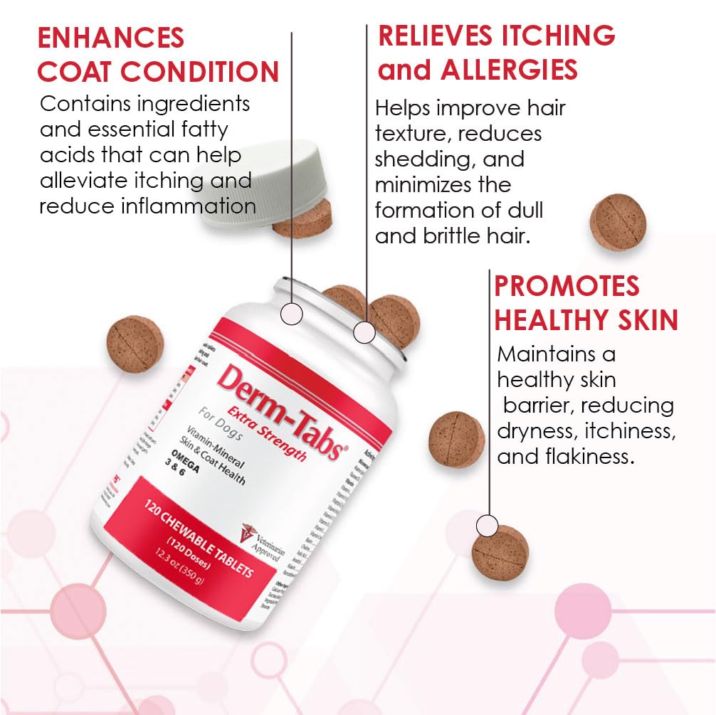 Derm Tabs Regular Strength for Dogs - Natural Oil, Vitamins, Minerals, and Antioxidants - Support Healthy Skin and Reduce Shedding - 120 Chewable Tablets