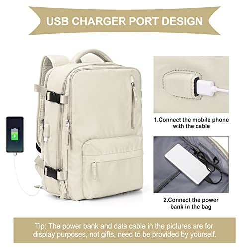 Large Travel Backpack Women, Carry On Backpack,Hiking Backpack Waterproof Outdoor Sports Rucksack Casual Daypack with USB Charging Port Shoes Compartment,Beige
