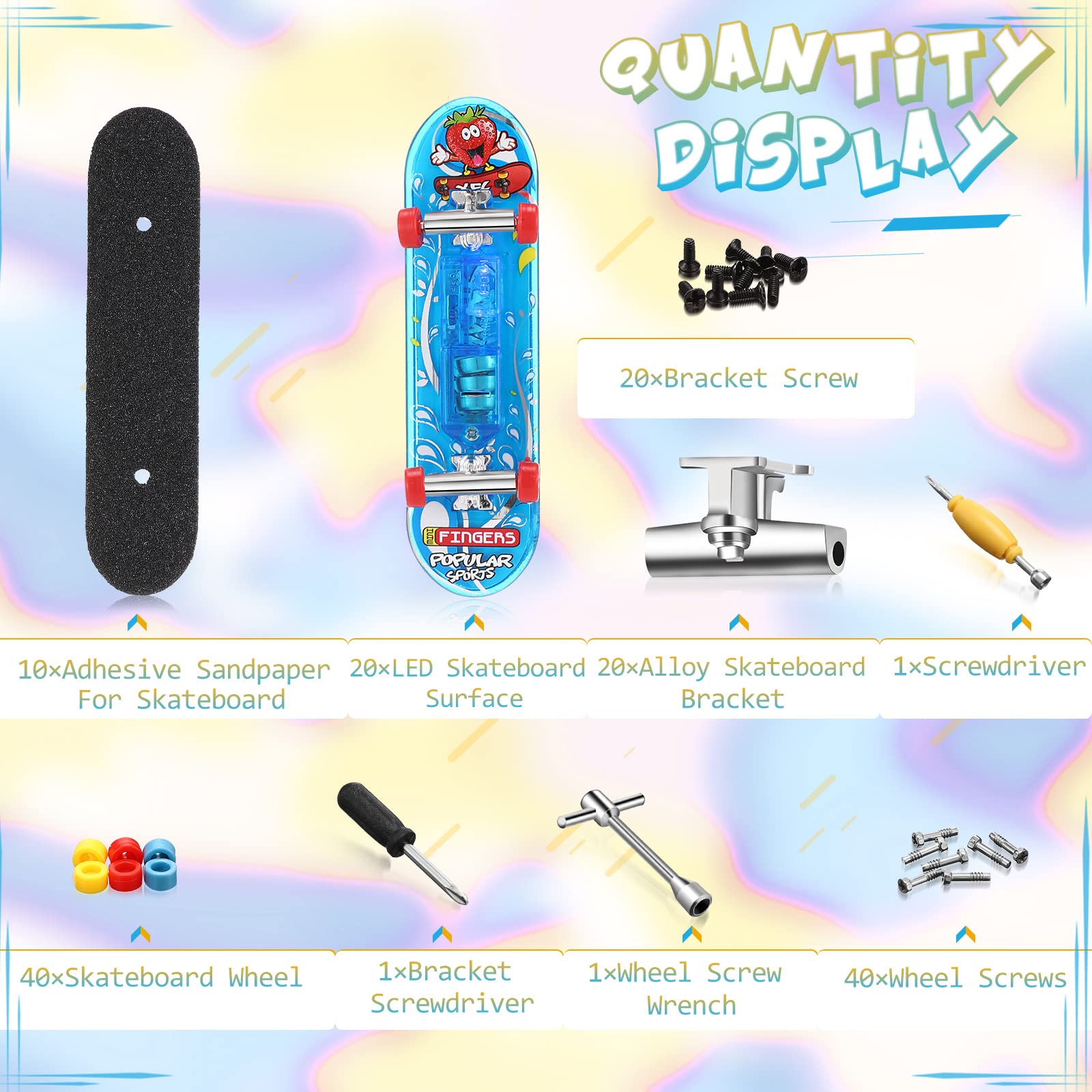 Civaner 20 Pack Fingerboard Kit DIY Mini Finger Skateboards Finger Skateboards for Kids Mini Finger Toys with 6 Pcs Installation Tools Brackets and Fingerboard Wheels for Skate Lovers (LED Style)