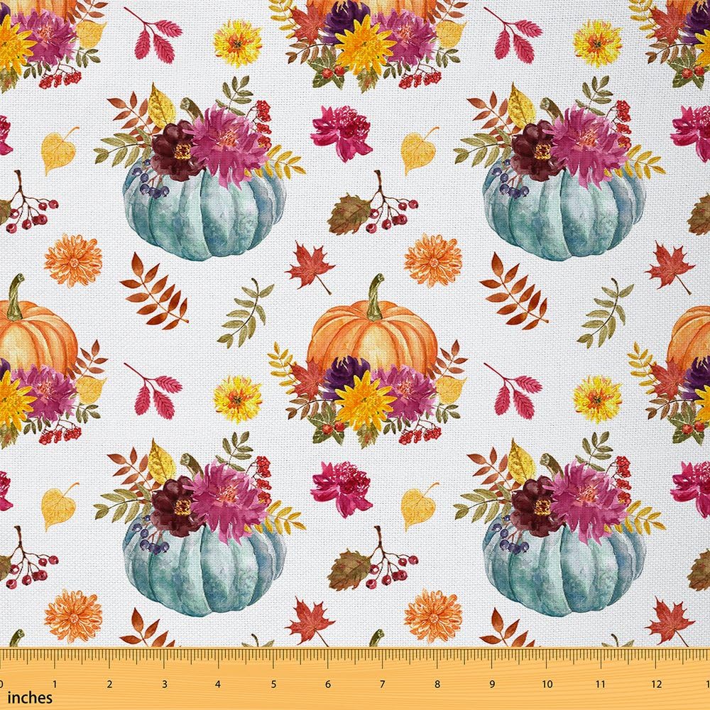 Erosebridal Pumpkin Fabric by The Yard 2 Yards,Fall Colorful Chrysanthemum Upholstery Fabric,Autumn Harvest Decorative Fabric for Farmer,Thanksgiving DIY Waterproof Fabric for Quilting Sewing
