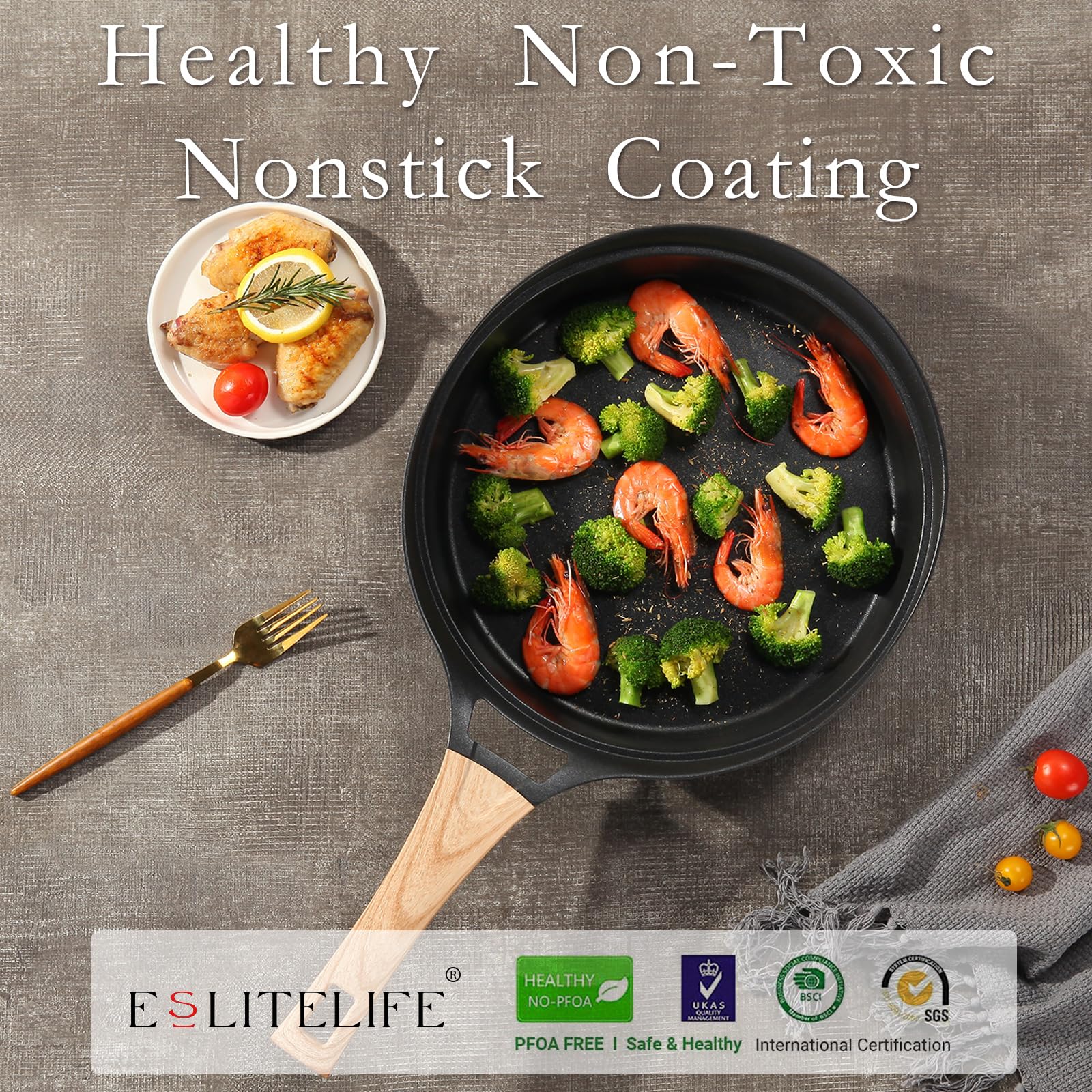 ESLITE LIFE Nonstick Deep Frying Pan Skillet, Healthy Granite Coating Egg Omelette Pan Stone Cookware Chef's Pan, PFOA Free(Black, 8 Inch)