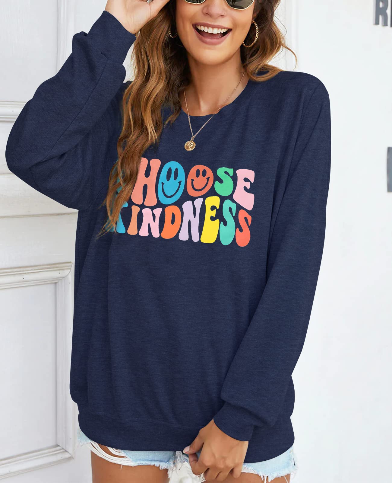 Choose Kindness Shirts Women Inspirational Graphic Tees Funny Casual Be Kind Long Sleeve Tops (Blue, XL)