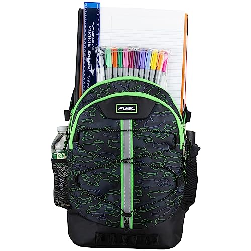 FUEL 18” Unisex Backpack Terra Sport Spacious Dual Compartment w/Laptop Sleeve and Bungee for Travel, College, Work - Neon Outline Camo