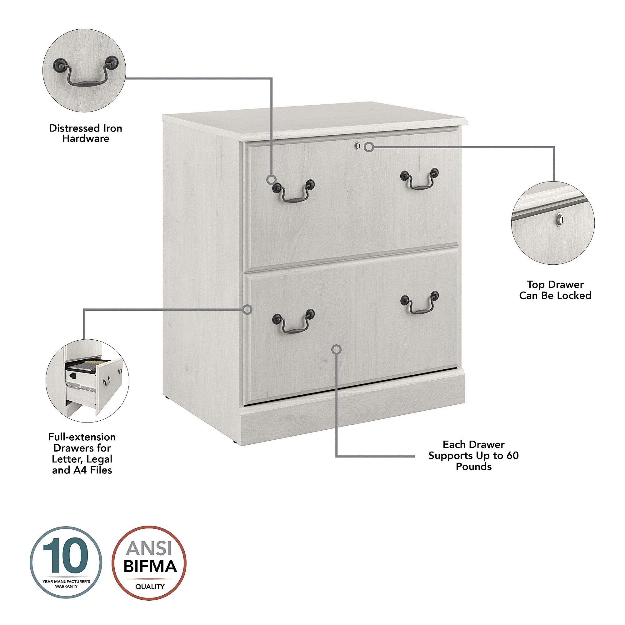 Bush Furniture Saratoga 2 Drawer Lateral File Cabinet in Harvest Cherry, Document Storage Chest for Home Office, Linen White Oak