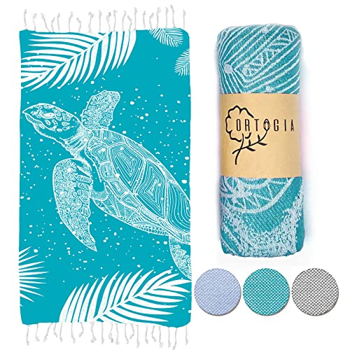 ORTIGIA Turtle Turkish Beach Towel Oversized 36x71INCH Sand Free Quick Dry Towel Extra Large Wearable Bath Towel Highly Absorbent Light Travel Towel for Beach, Bath, Pool, Gym, Yoga(Teal)
