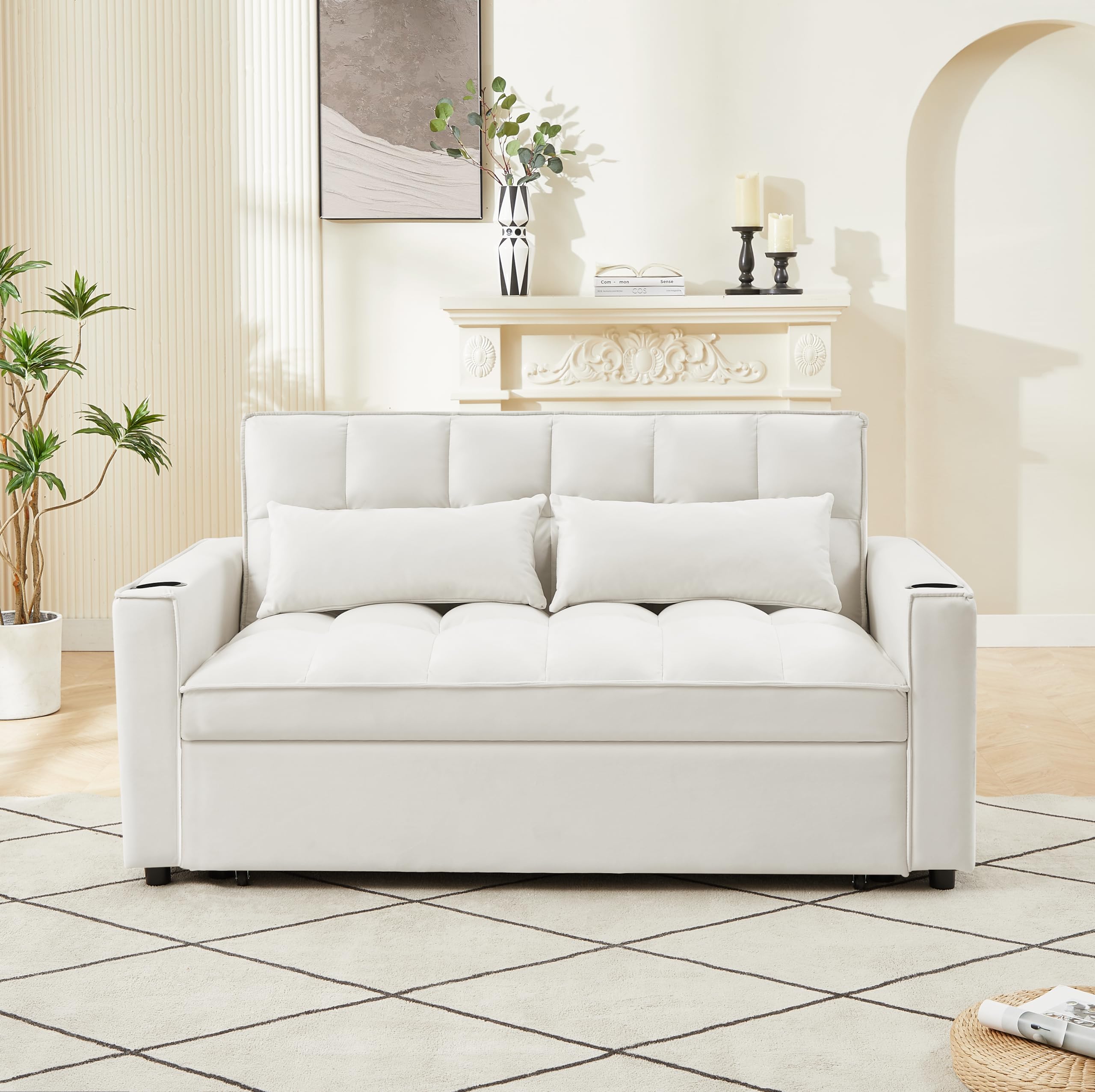 ERYE 3 in 1 Oversized Convertible Sleeper Sofabed,Modern Linen Upholstered Tufted Loveseat Sofa&Couch with Pull Out Sleep Couch Bed(Full Size),USB Charging Ports for Home,Apartment,RV Living Room