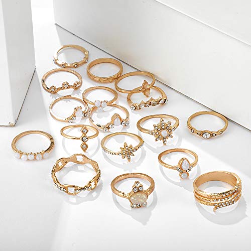 CJIAYUJEW Gold Stackable Rings Sets,Bohemian Peak Sea Wave Compass Turquoise Knuckle Rings Set for Women Men (C-17PCS)