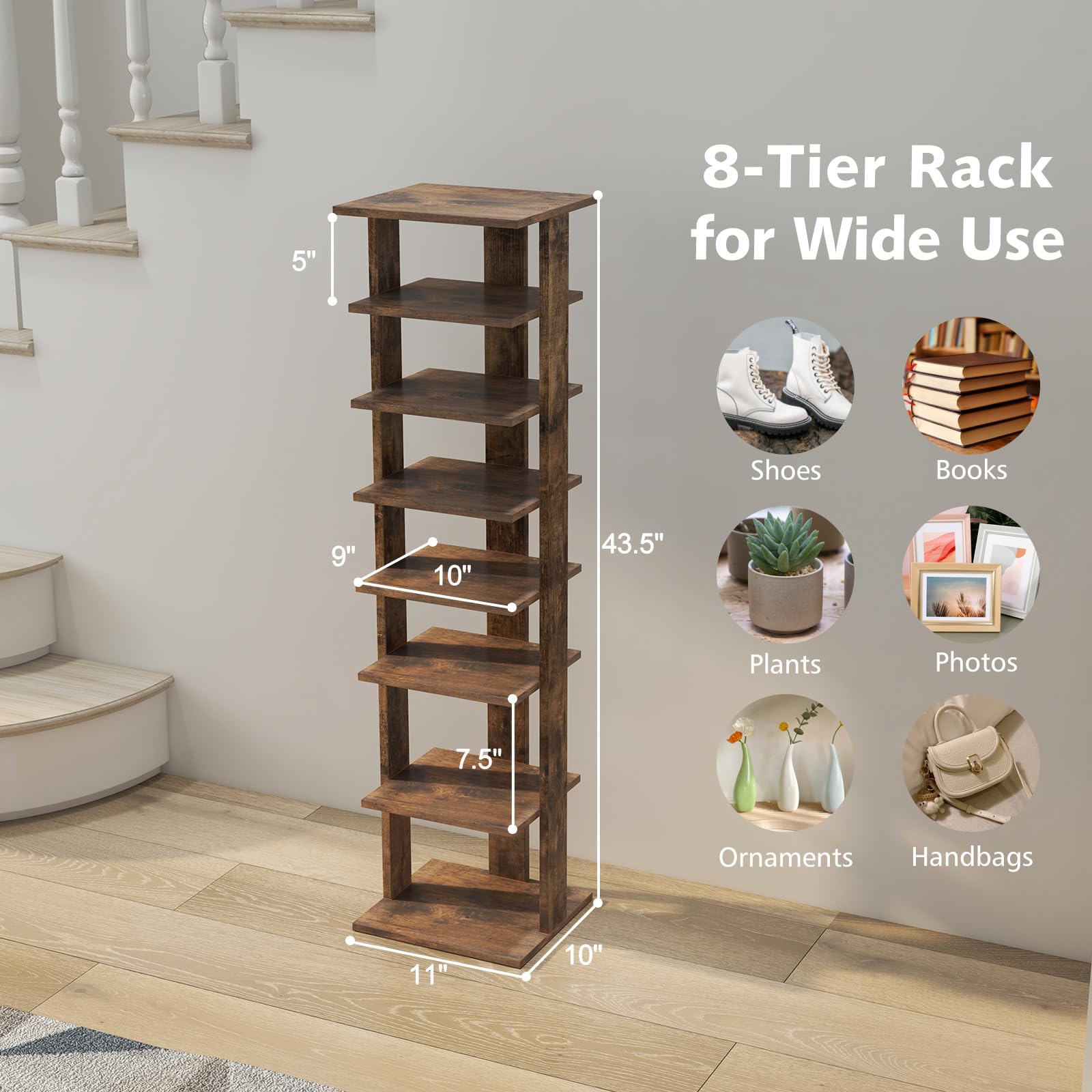 Giantex 8-Tier Vertical Shoe Rack, Patented Corner Shoe Storage Organizer for 8 Pairs, Freestanding Narrow Shoe Rack, Industrial Space-Saving Shoe Tower for Entryway, Living Room, Bedroom, Brown