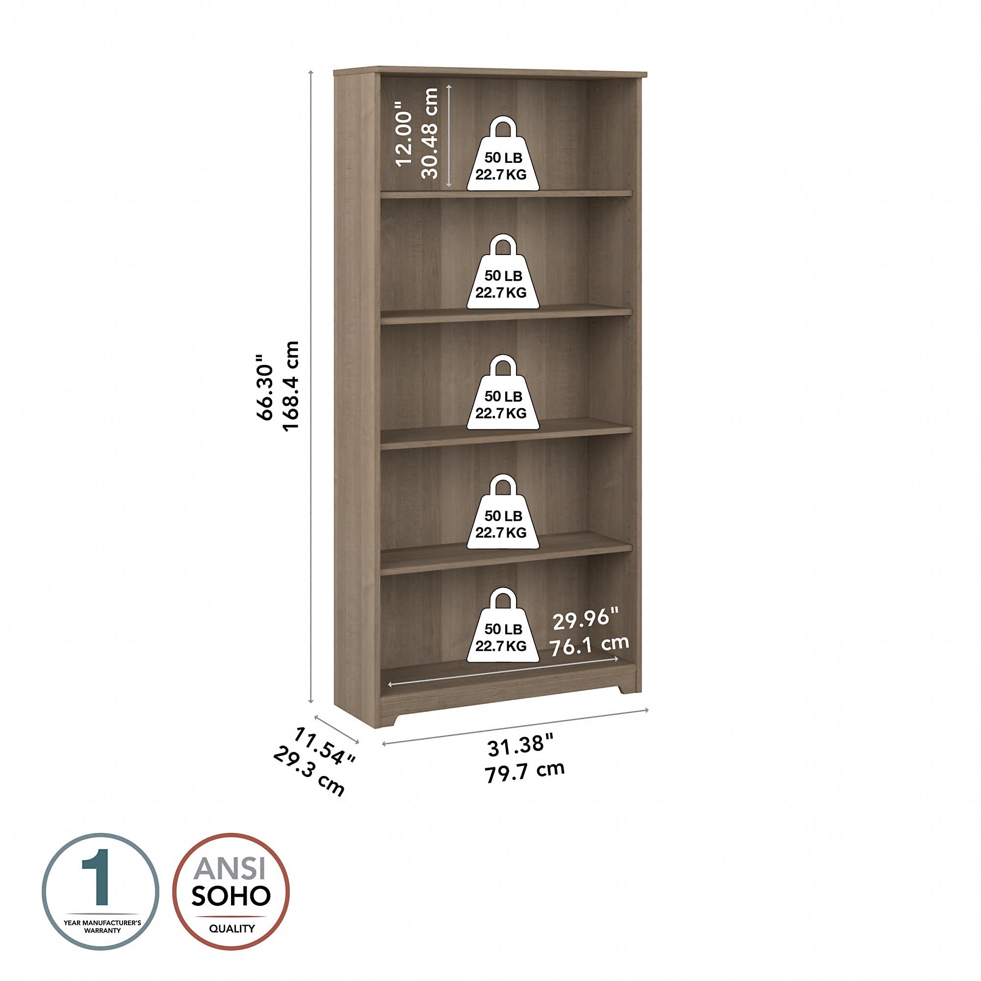 Bush Furniture BSH24463023 Cabot 5 Shelf 66-Inch H Bookcase, Ash Gray
